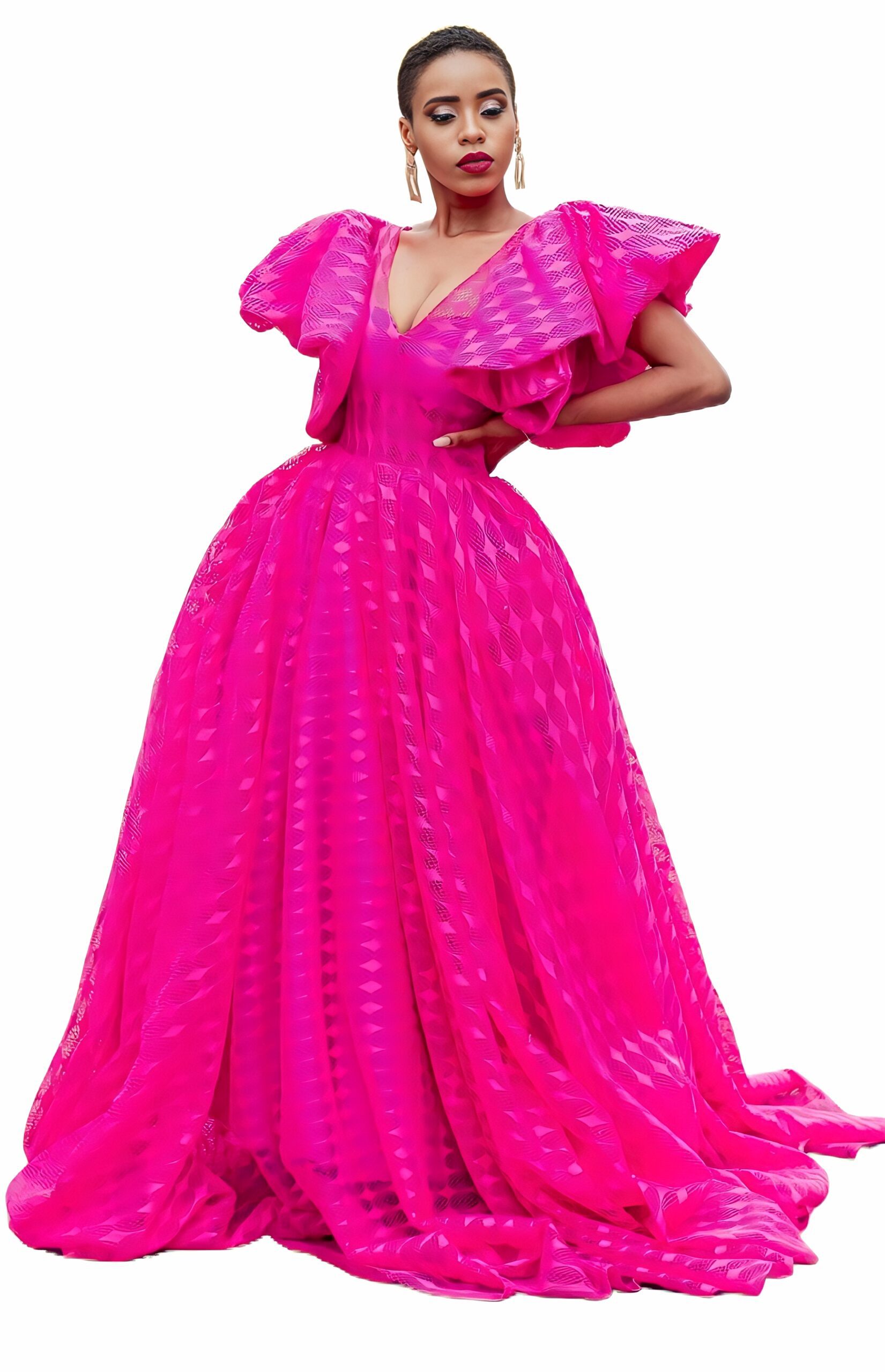 Porcelana Blush pink lace ruffle-sleeves pocket-skirt long dress ...